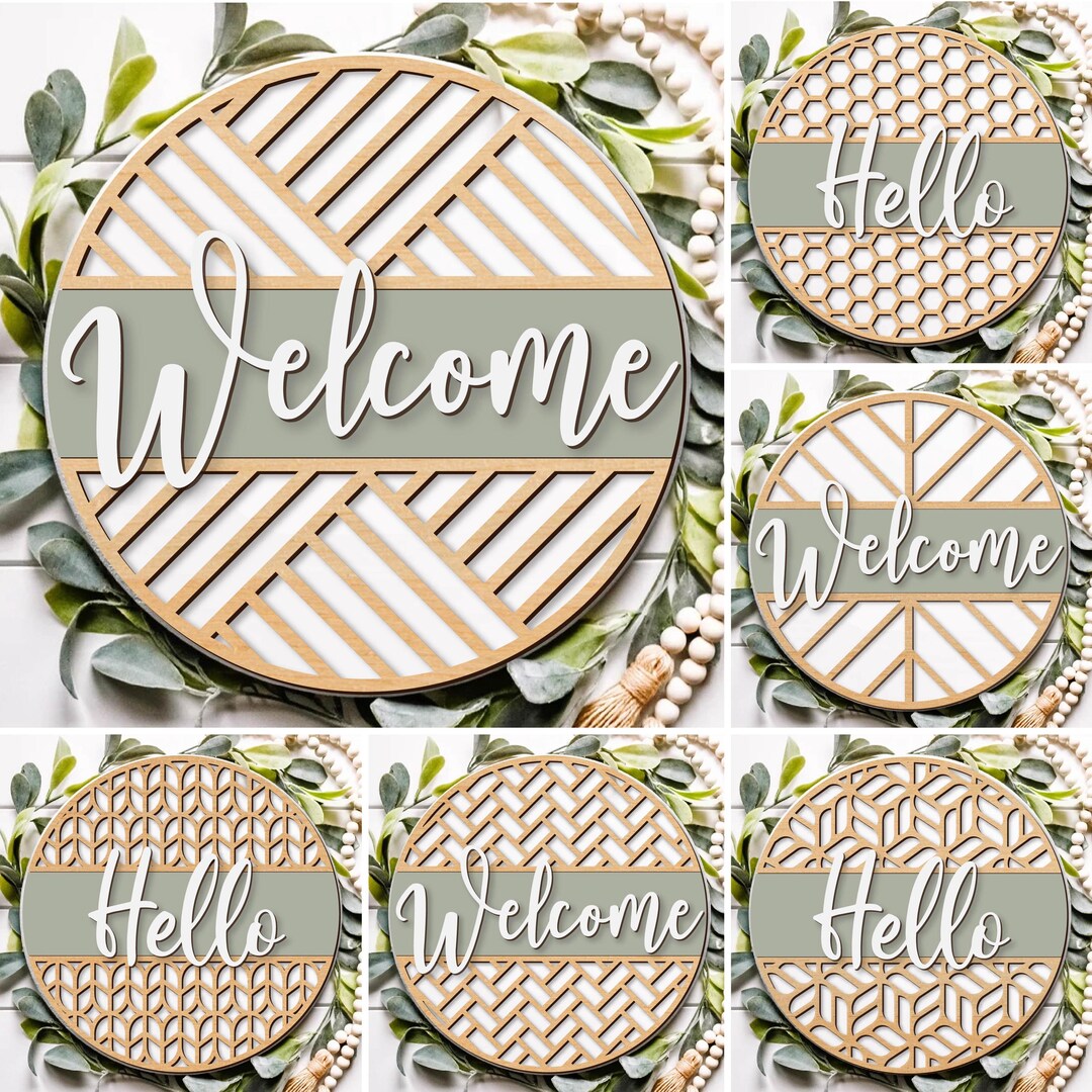 Welcome Sign Svg Set Hello Door Hanger Svg Laser Cut Files Wooden Round ...
