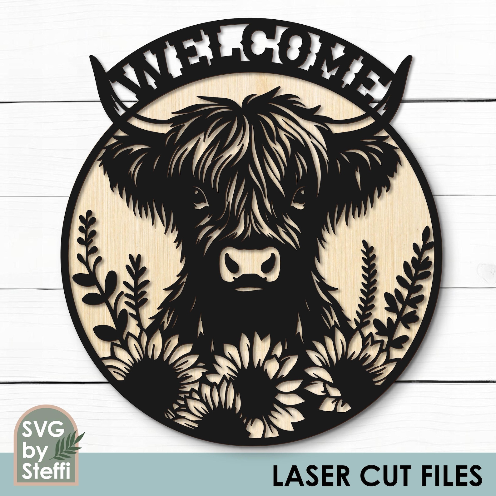 Wildflower Highland Cow Sign Svg Welcome Door Hanger Laser Cut Files ...