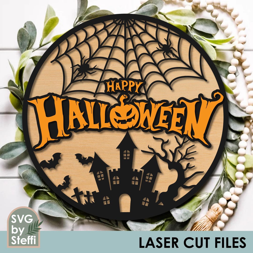 Happy Halloween Door Hanger Svg Round Halloween Door Sign Svg Happy ...