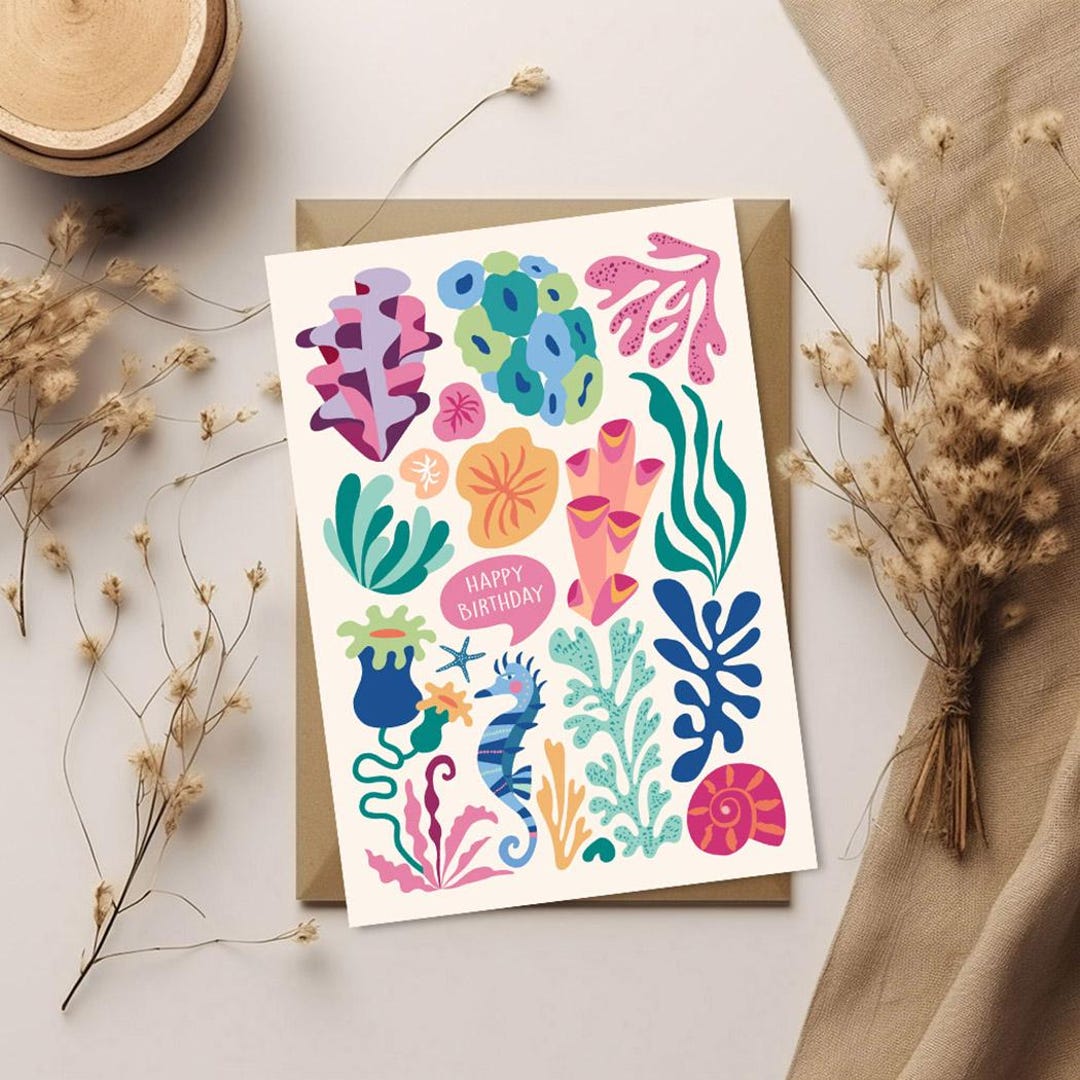 Coral Reef Birthday Card | Coral Greeting Cards | Underwater Birthday Card | Seahorse Card - Etsy