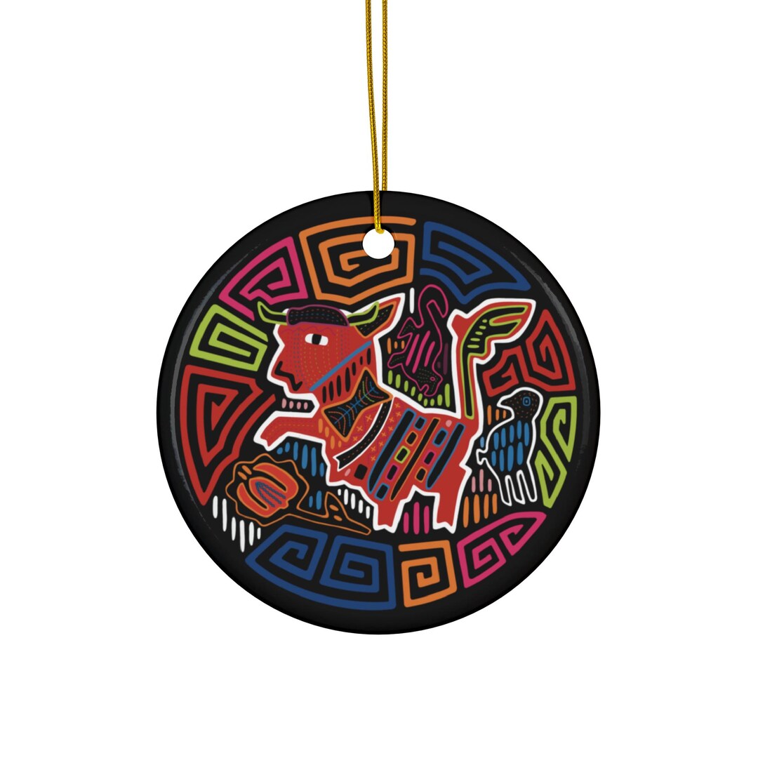 Colorful Bull Mola Artwork Ornament | Ceramic Round Holiday Decoration ...