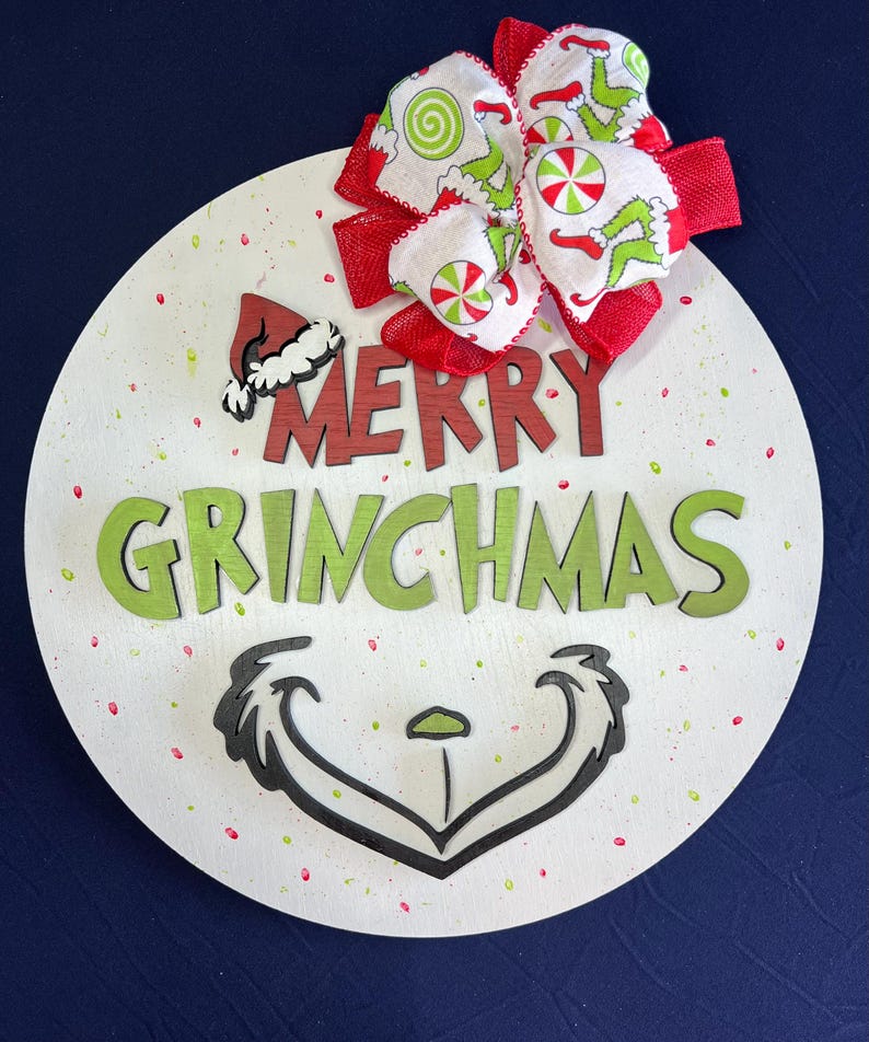 Merry Grinchmas Door Sign | 3D Wooden Holiday Decor | Fun Grinch Grin ...