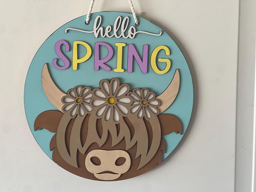 Highland Cow Door Sign | 3D Layered Wood Spring Decor | Rustic ...