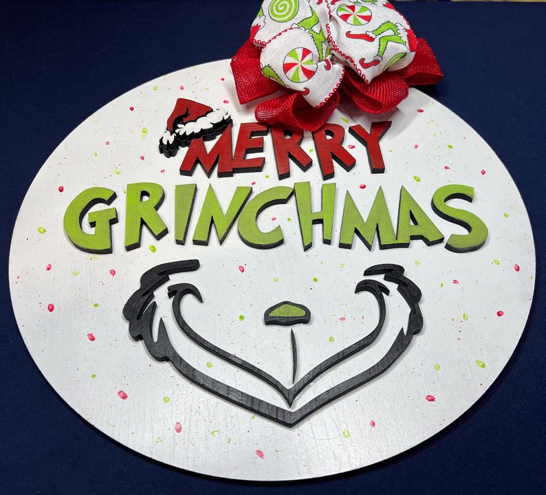 Merry Grinchmas Door Sign | 3D Wooden Holiday Decor | Fun Grinch Grin ...