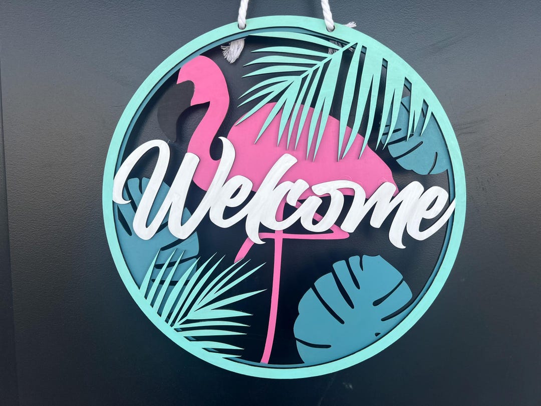 Flamingo Welcome Sign | Tropical Welcome Wooden Decor With Pink ...