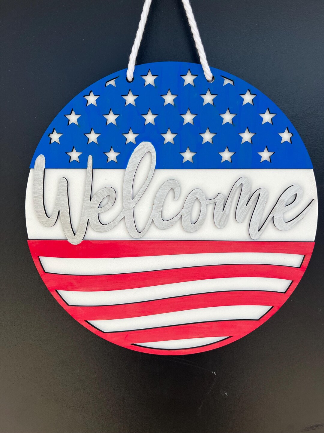 Patriotic Welcome Sign | 12” 3D Laser Cut American Flag Round | Rustic ...