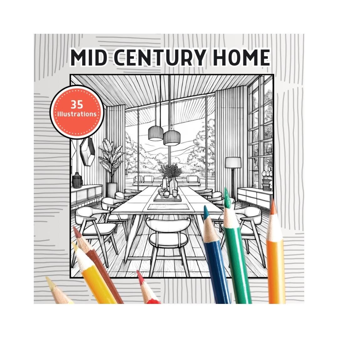 Mid Century Home Coloring Pages: 35 Interior Designs (PDF Pattern) - Etsy