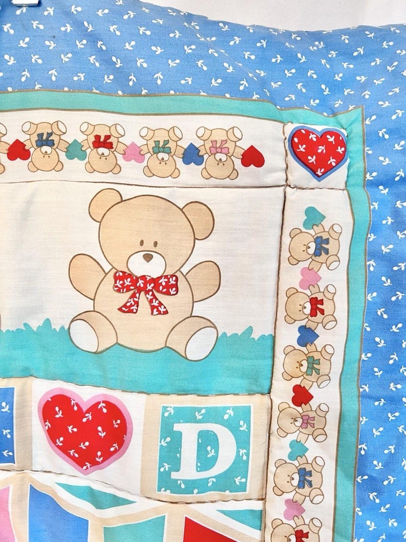 Vintage 80s 90s Baby Blanket Quilt Teddy Bear Abcs Alphabet Hearts 40 ...