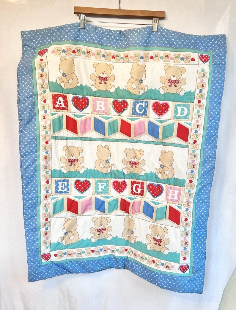 Vintage 80s 90s Baby Blanket Quilt Teddy Bear Abcs Alphabet Hearts 40 ...