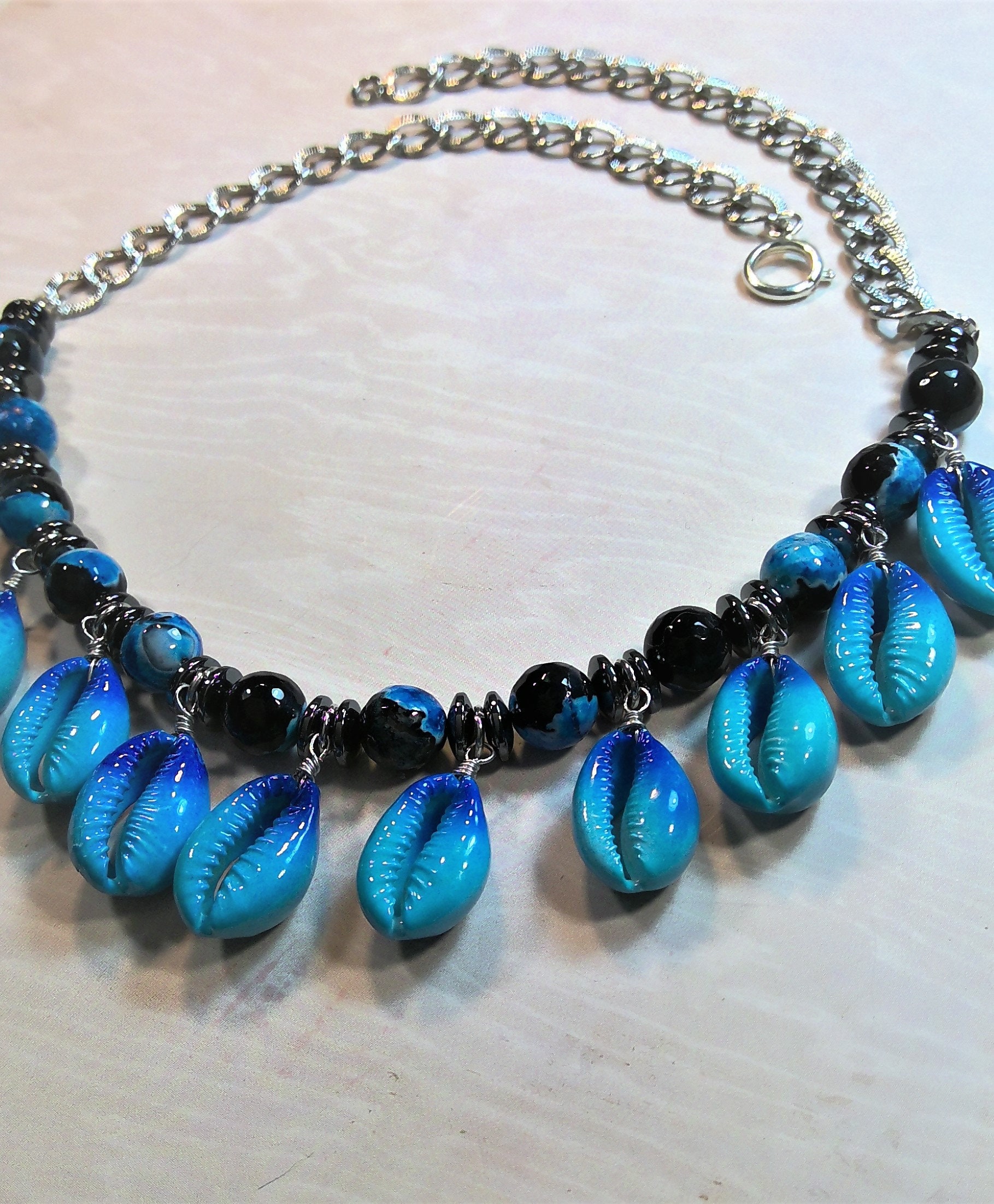 Cowrie Blue and Black Shell Necklace Silver 21 1/4 Inches - Etsy