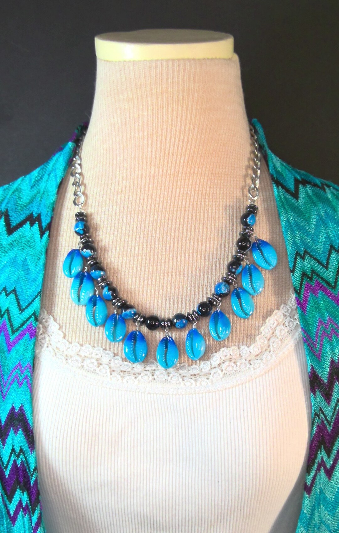 Cowrie Blue and Black Shell Necklace, Silver, 21 1/4 Inches - Etsy