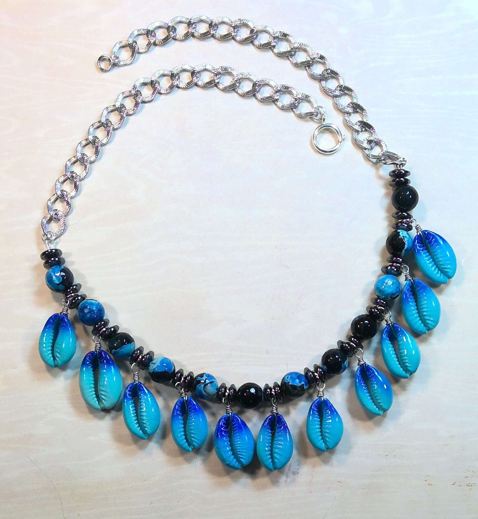 Cowrie Blue and Black Shell Necklace Silver 21 1/4 Inches - Etsy