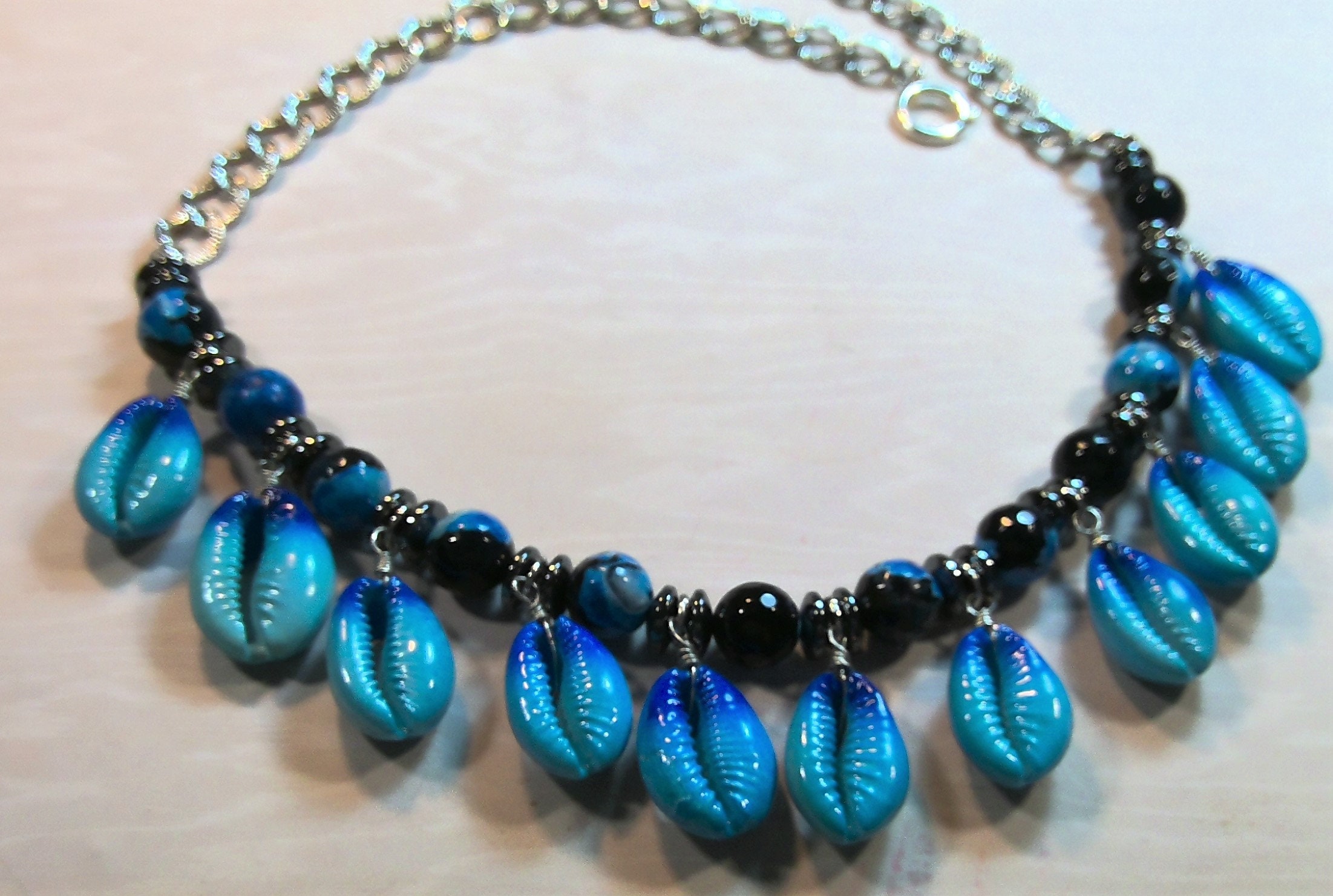 Cowrie Blue and Black Shell Necklace Silver 21 1/4 Inches - Etsy