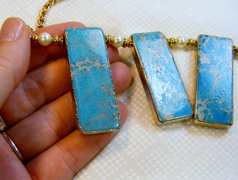 Turquoise Imperial Jasper Necklace-rectangle, Gold Leaf, Chain, 21 ...