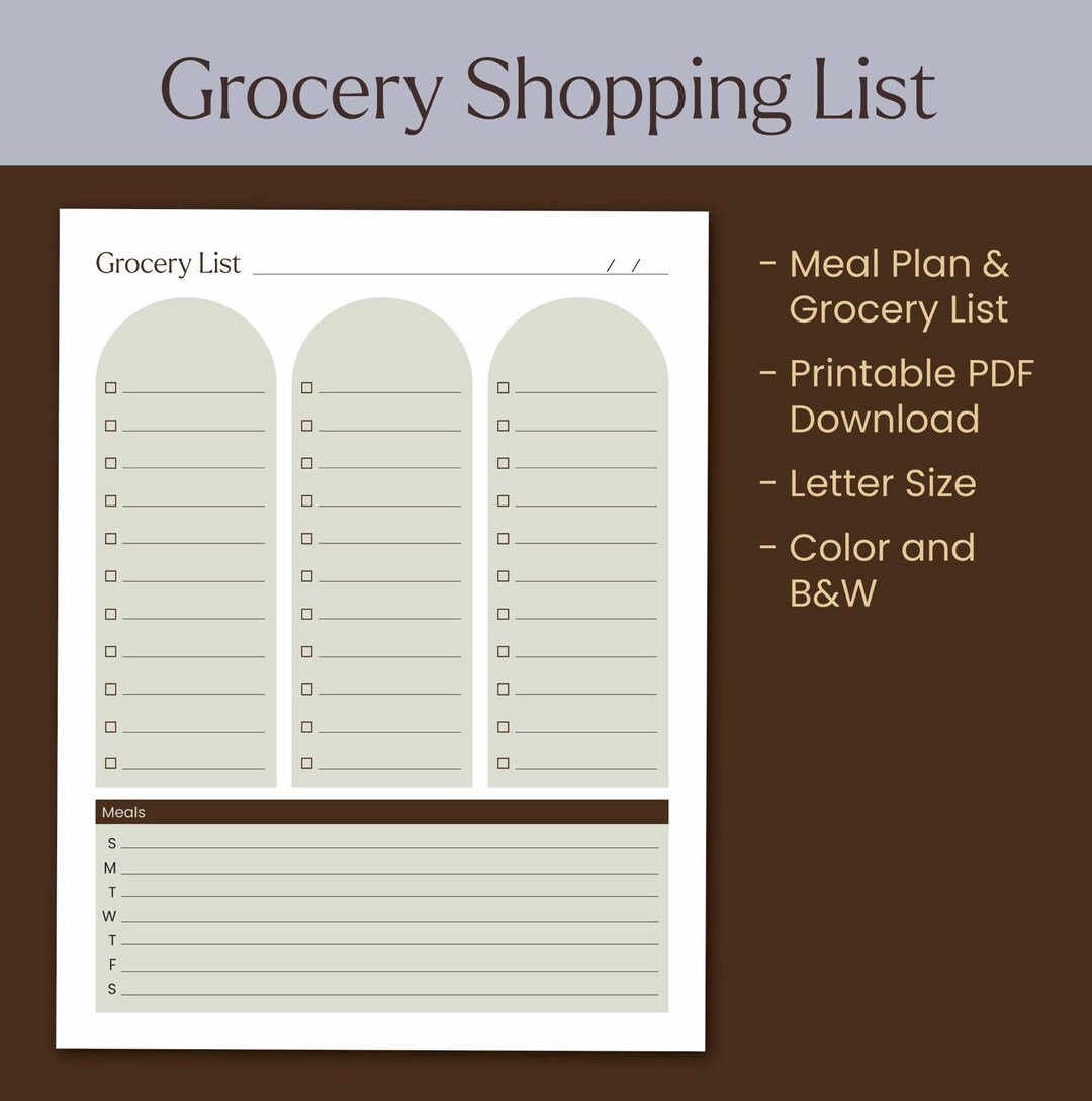 Printable Grocery List With Meal Planner (PDF Download) - Etsy