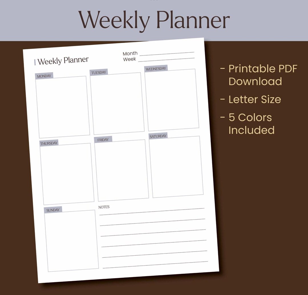 Printable Weekly Planner: US Letter Size, 5 Colors (PDF) - Etsy