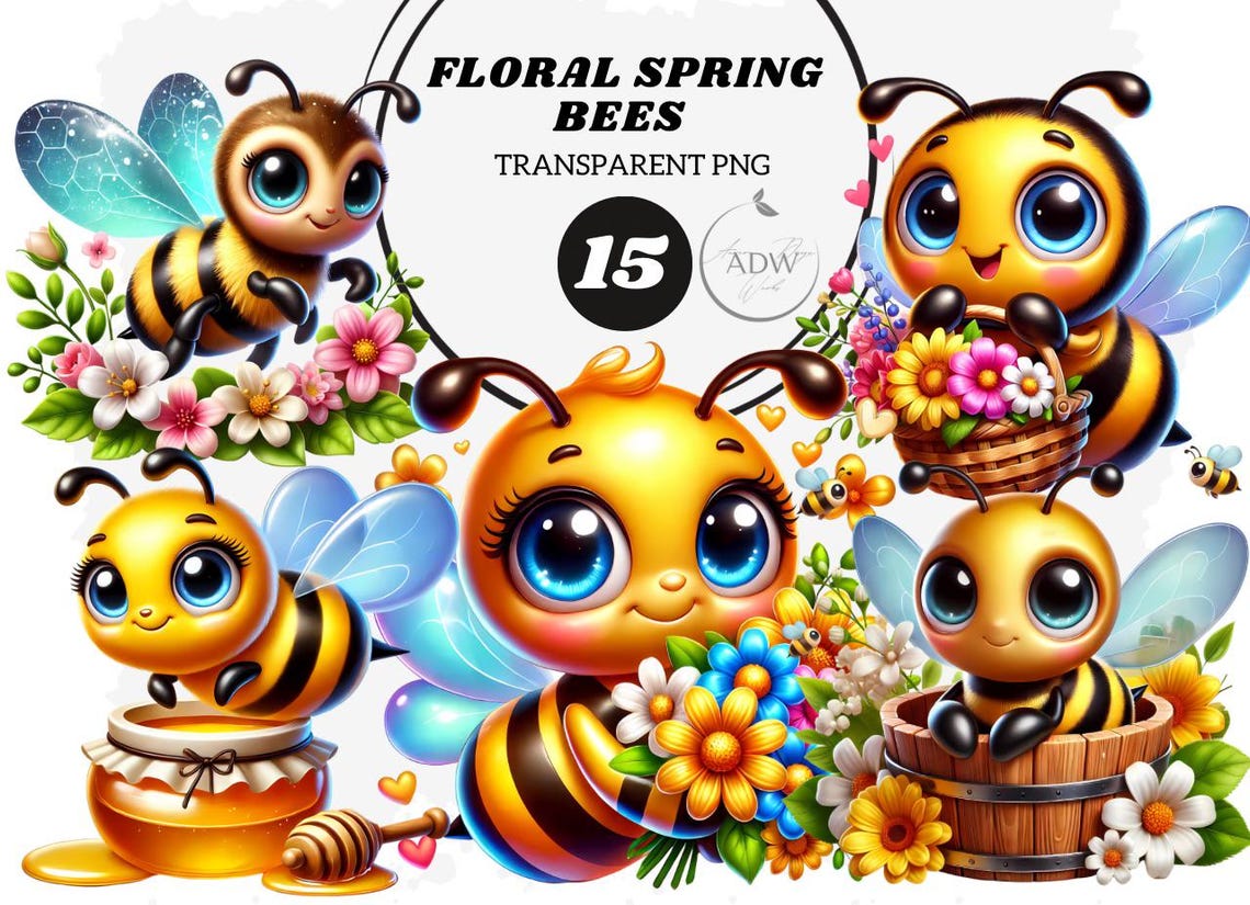 Floral Bee Clipart: Spring Daisies, Baby Room Decor (PNG Files) - Etsy
