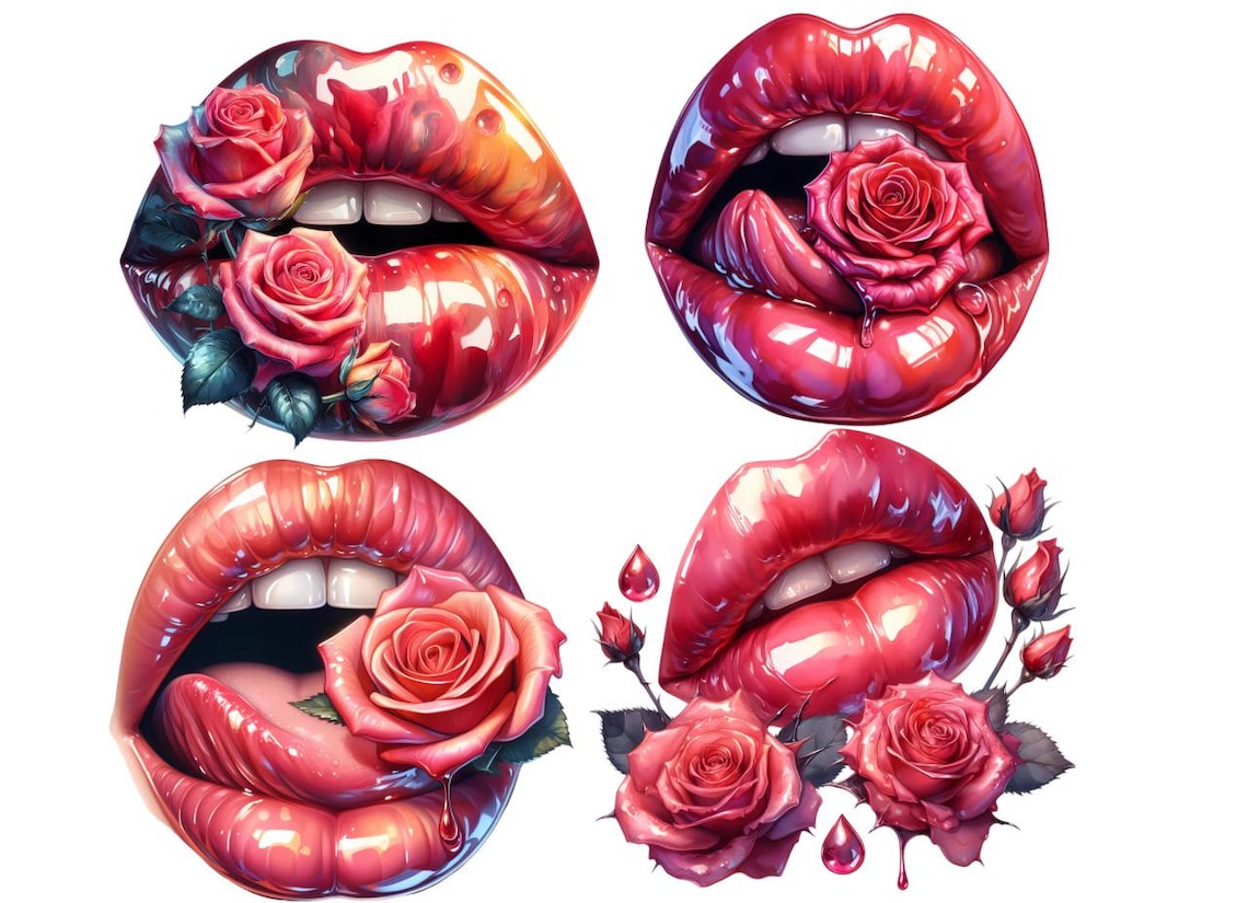 Valentine Lips Clipart Set: Romantic Roses, Love Designs (PNG, Digital ...