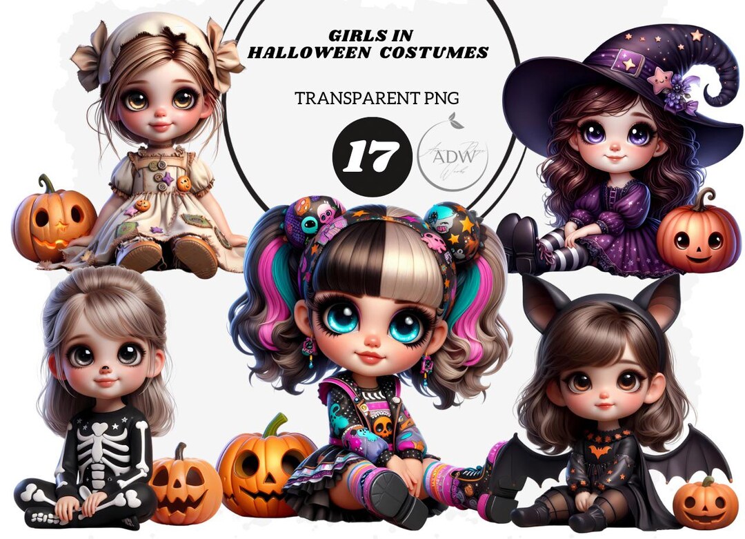 Halloween Girls Clipart | Cute Kids in Costumes PNG | Trick or Treat ...