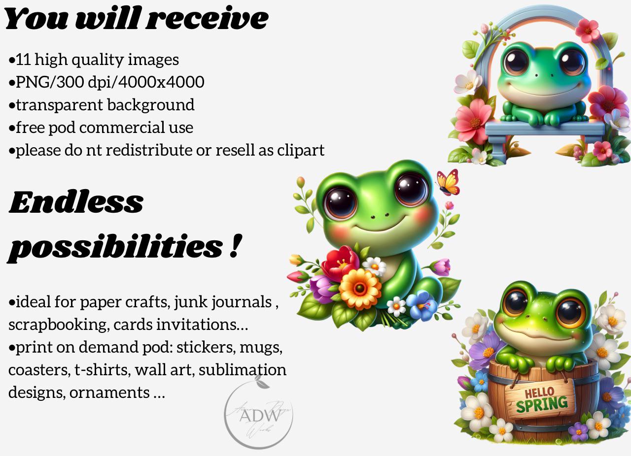 Spring Frog Clipart Set, Floral PNG Images (11 Files) (digital Download ...