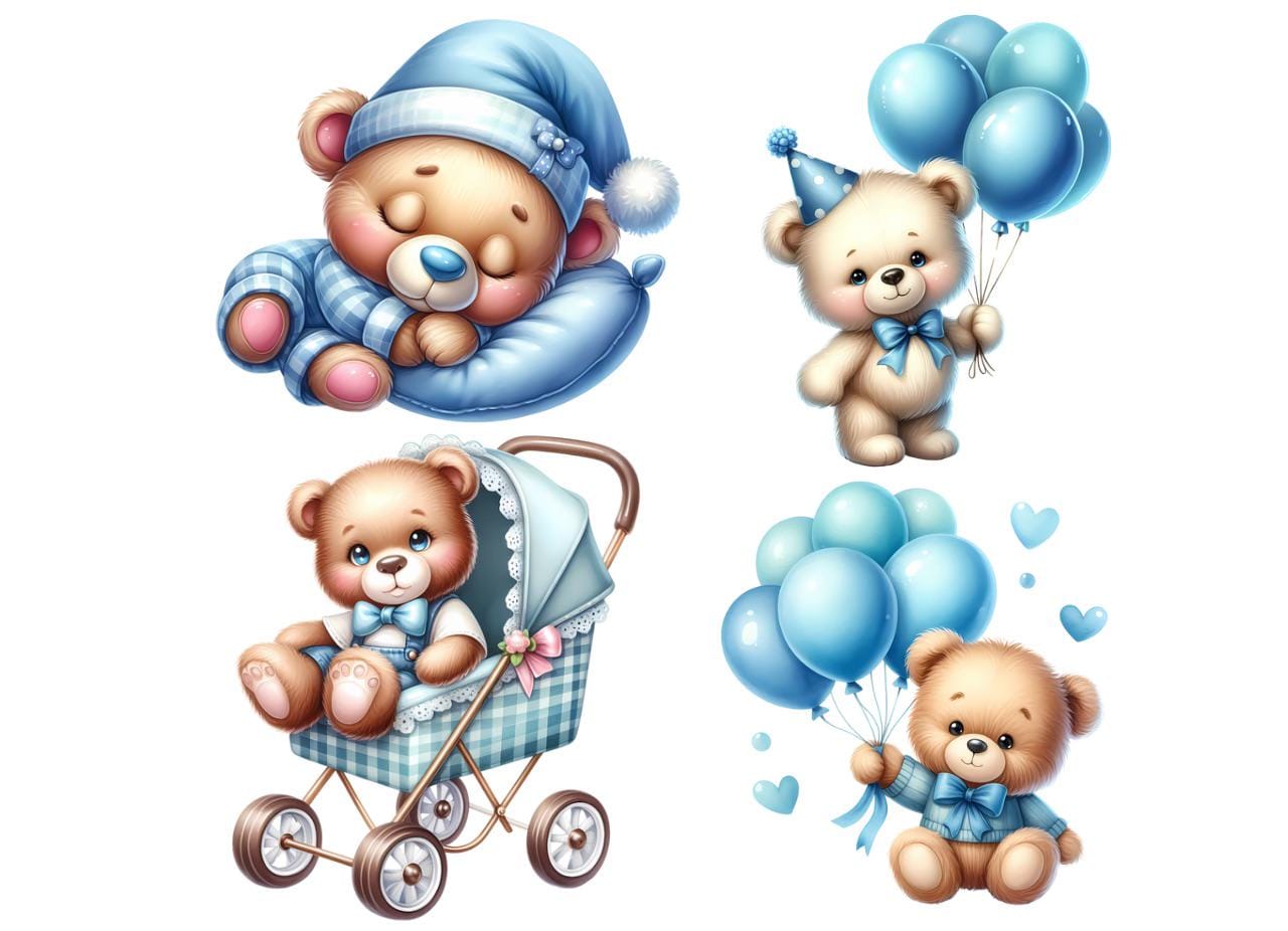 Watercolor Teddy Bear Clipart: Boy Baby Shower PNG (commercial Use) - Etsy