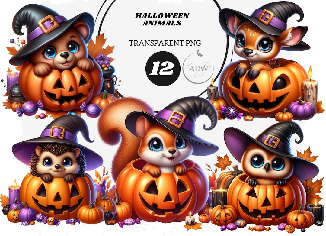 Halloween Animals Clipart: Watercolor Woodland Creatures PNG Bundle ...