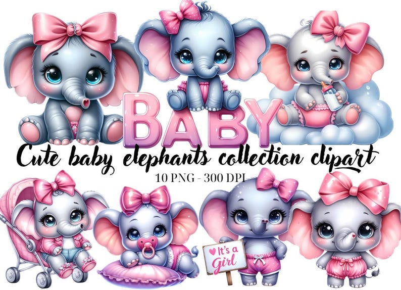 Baby Girl Elephants Clipart: Pink Bows, Sublimation PNG (digital Design ...