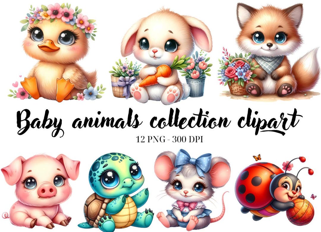 Watercolor Baby Animals With Collection Clipart, 12 PNG Animal Clipart ...