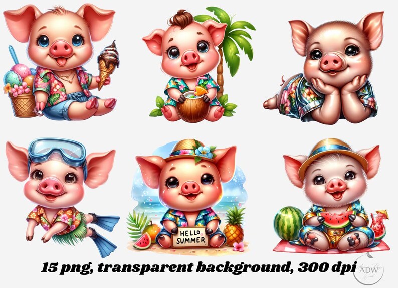 Summer Pig PNG Clipart, Cute Pig on the Beach, Whimsical Animal PNG ...