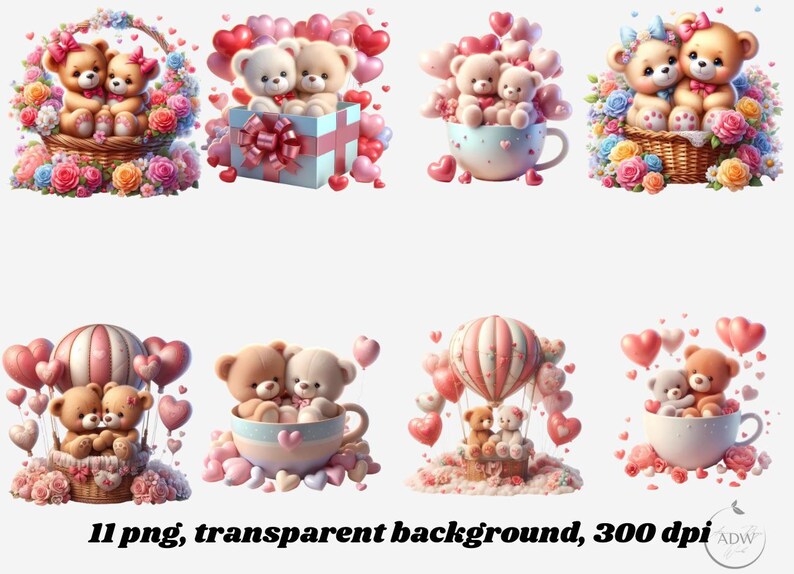 Watercolor Valentine Teddy Bear Clipart | Romantic Animal PNG (digital ...