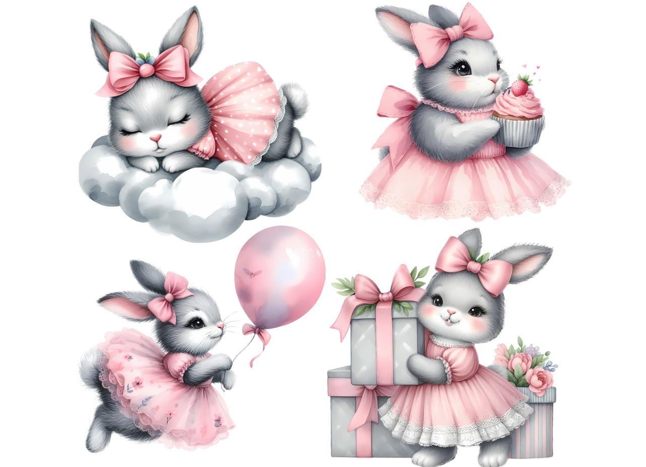 Watercolor Drawing of a Rabbit in a Pink Dress, 11 PNG Floral Rabbit ...