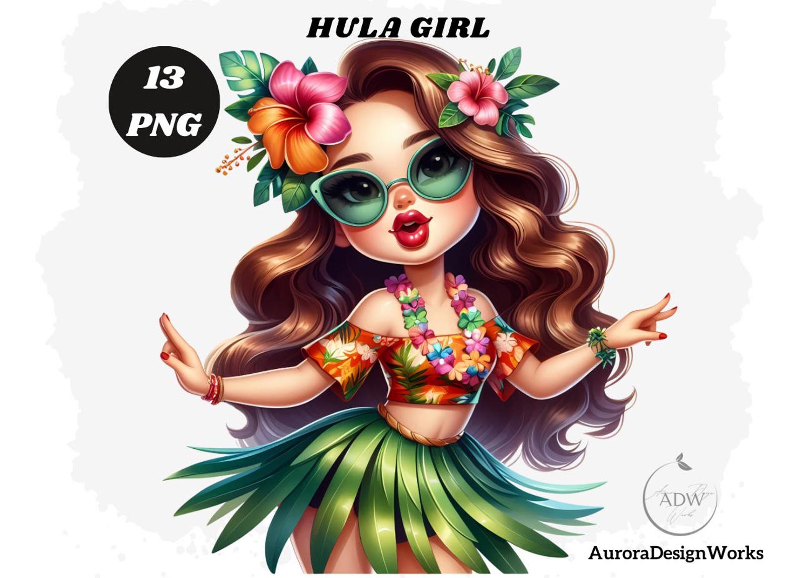 Cute Hawaiian Hula Girls, Watercolor Tropical Summer, Party Luau, Hula ...
