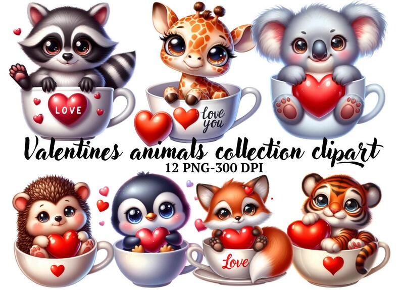 Valentines Animals in a Cup Collection Clipart, 12 PNG Valentines Day ...