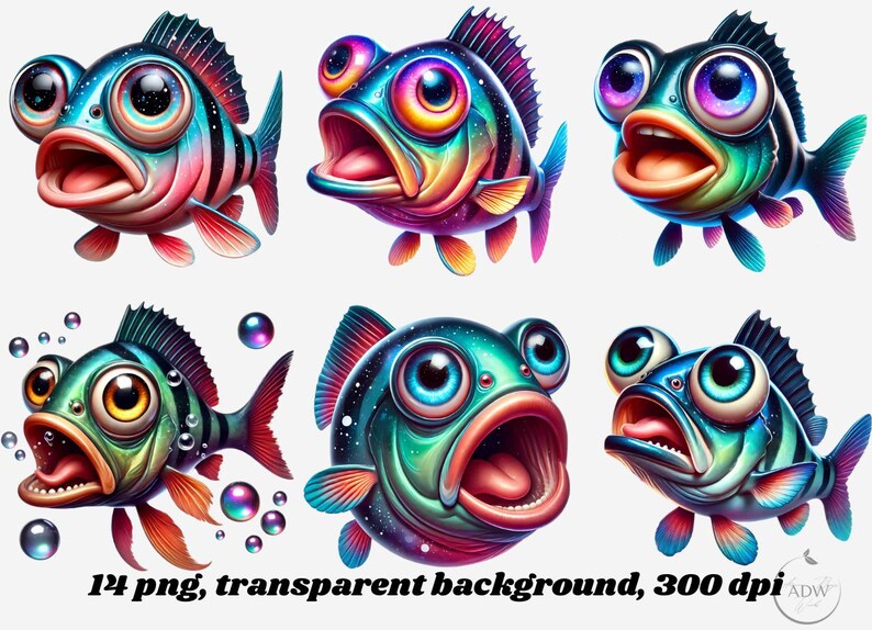 Funny Bass Watercolor Clipart: Laughing Fish PNG Set (digital Download ...