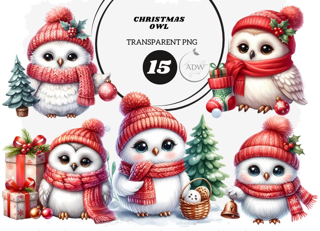 Christmas Owl Clipart Bundle: Watercolor Winter PNG Graphics (digital ...