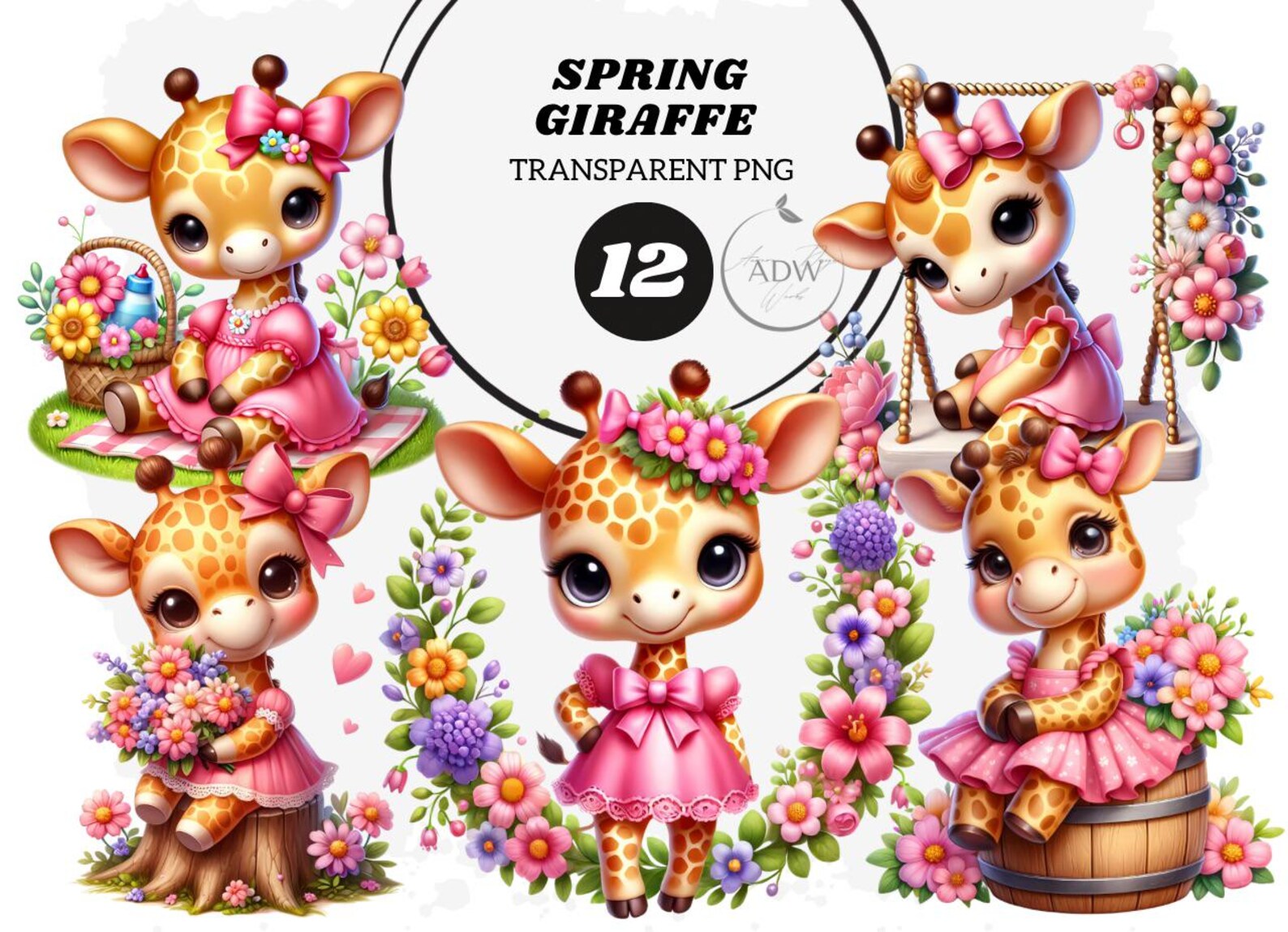 Set of Cute Spring Watercolor Giraffes - 12 Pieces, Baby Giraffe, Baby ...