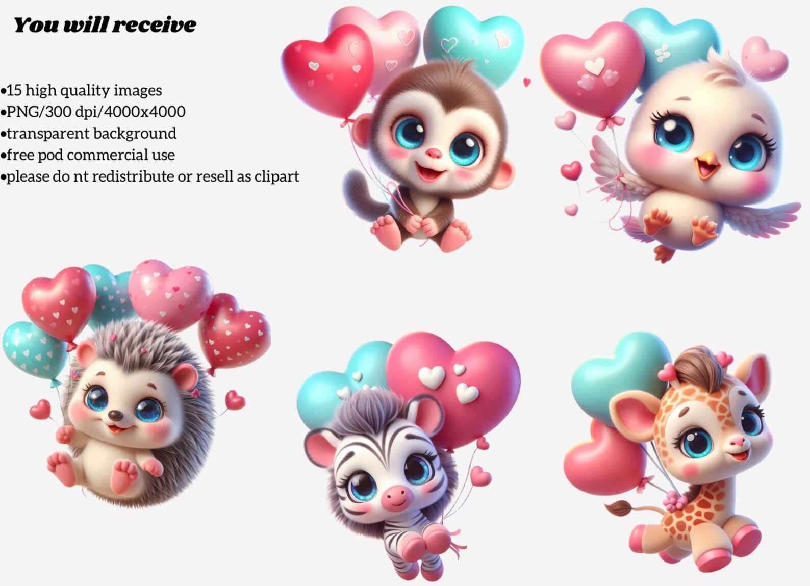 Valentine Animals Clipart | Cute Love Animals PNG | Romantic Cartoon ...