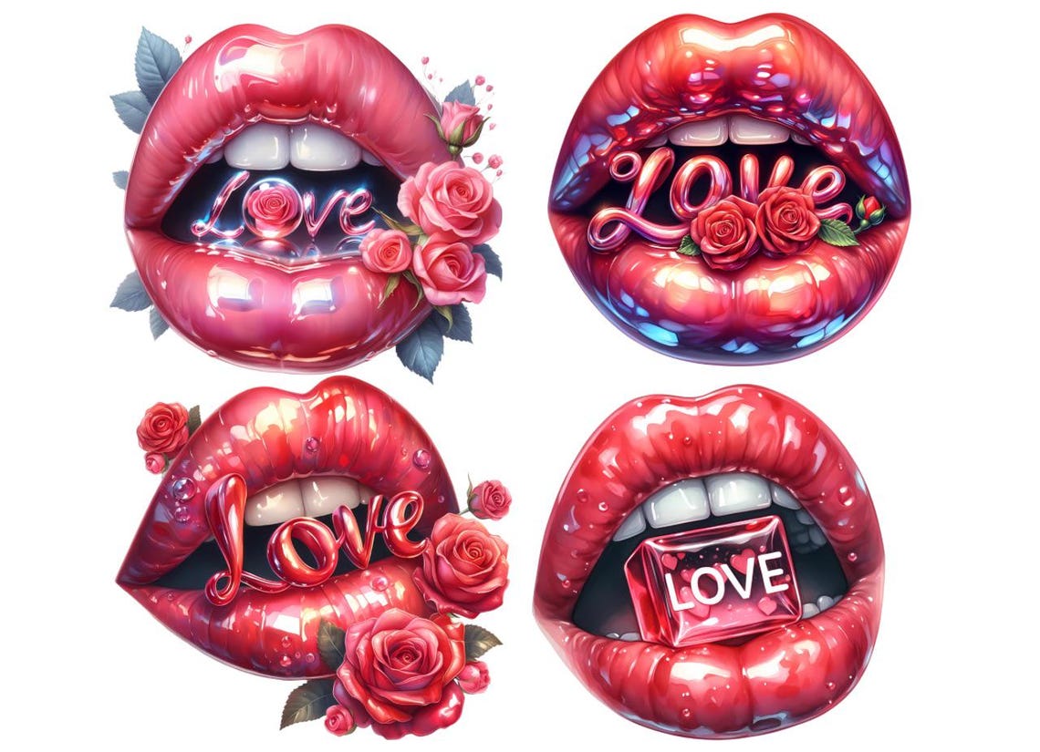 Valentine Lips Clipart Set: Romantic Roses, Love Designs (PNG, Digital ...