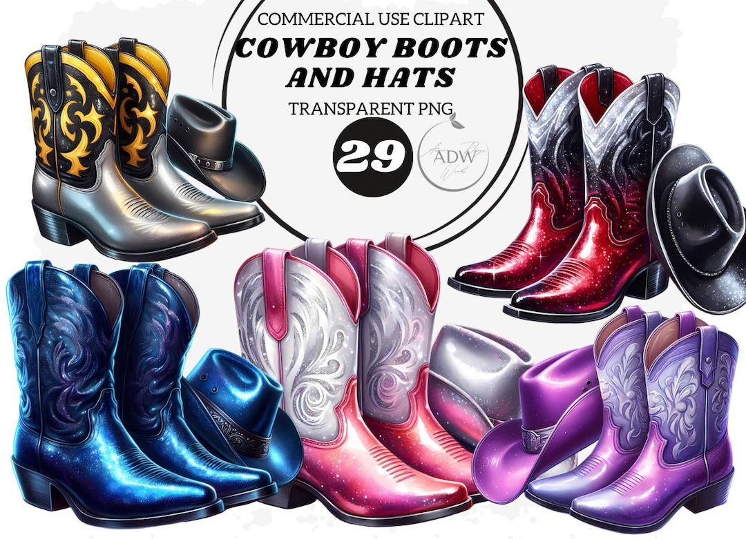 Watercolor Cowboy Boots & Hats Clipart: Western PNG Images (digital ...