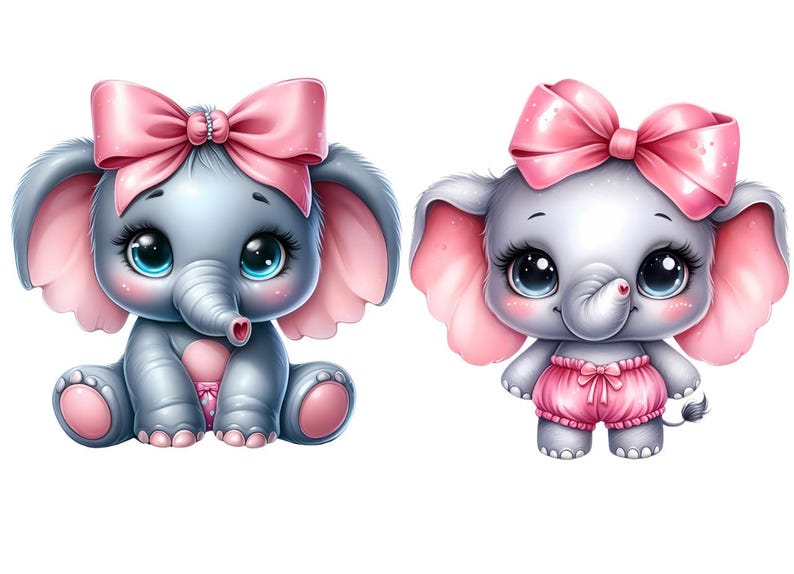 Baby Girl Elephants Clipart: Pink Bows, Sublimation PNG (digital Design ...