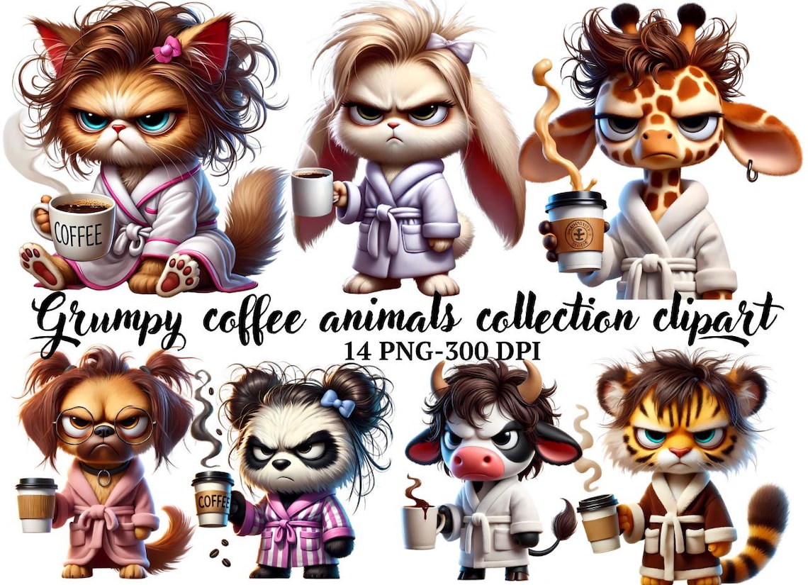 Grumpy Coffee Animals Clipart Set, Cartoon PNG Files (digital Download ...