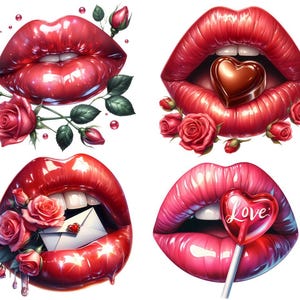 Valentine Lips Clipart Set: Romantic Roses, Love Designs (PNG, Digital ...