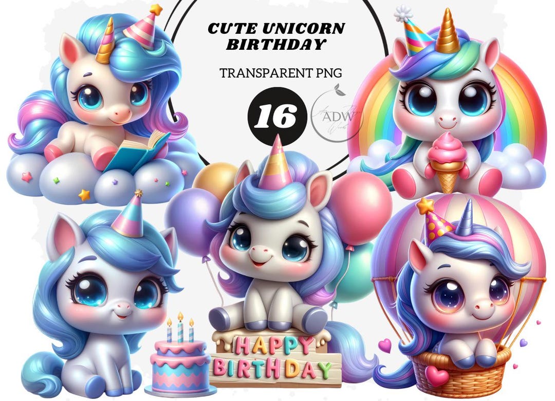Unicorn Birthday Clipart Set, Cute Party Graphics (PNG Files) - Etsy