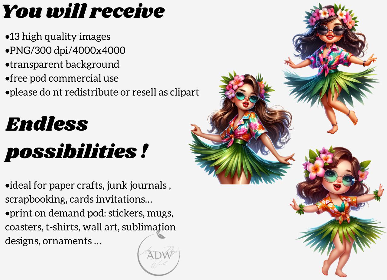 Watercolor Hula Girl Clipart: Hawaiian Luau PNG Set (digital Download ...