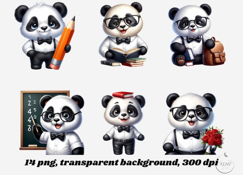 School Panda Clipart | Cute Panda Back to School PNG | Kawaii Animal ...