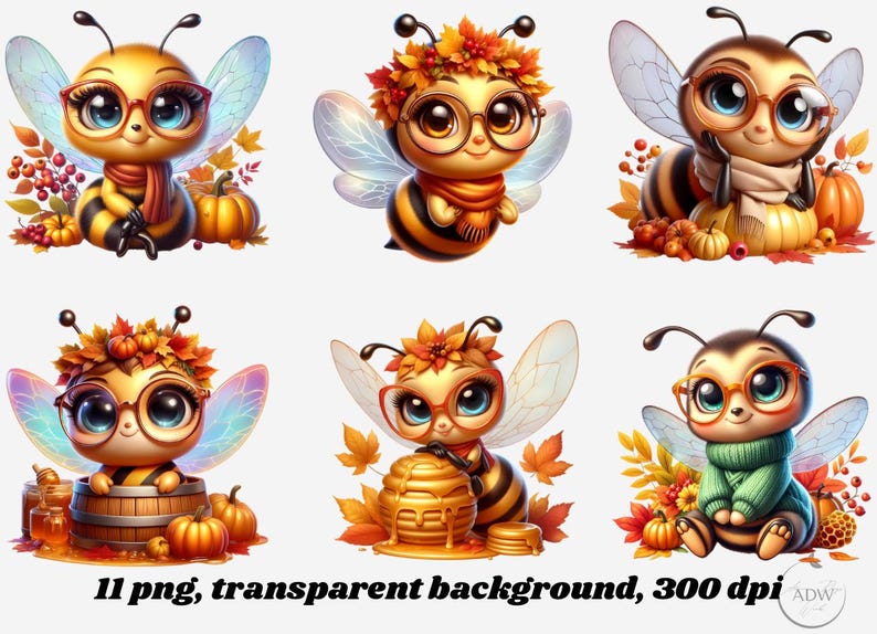 Autumn Bees Clipart PNG: Cozy Fall Honey Bee Graphics (digital Download ...