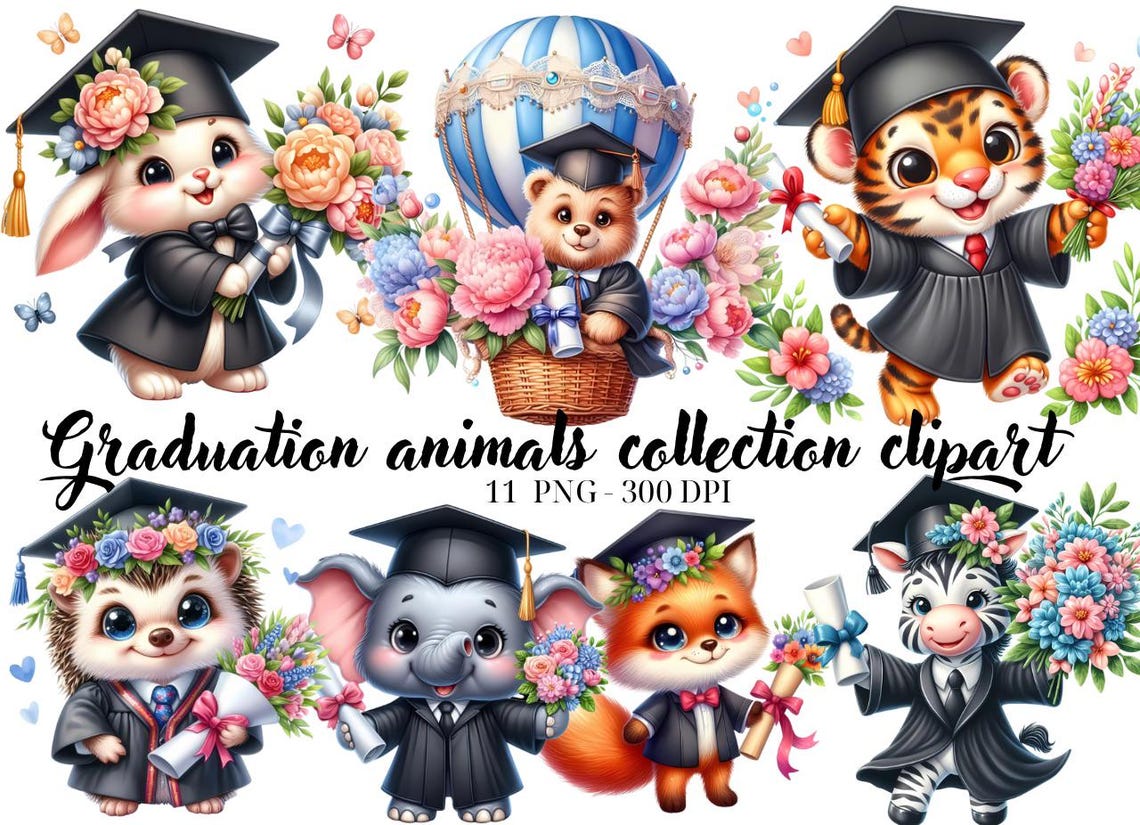 Graduation Animals Clipart, School Graduation Animals, Watercolor Cute ...
