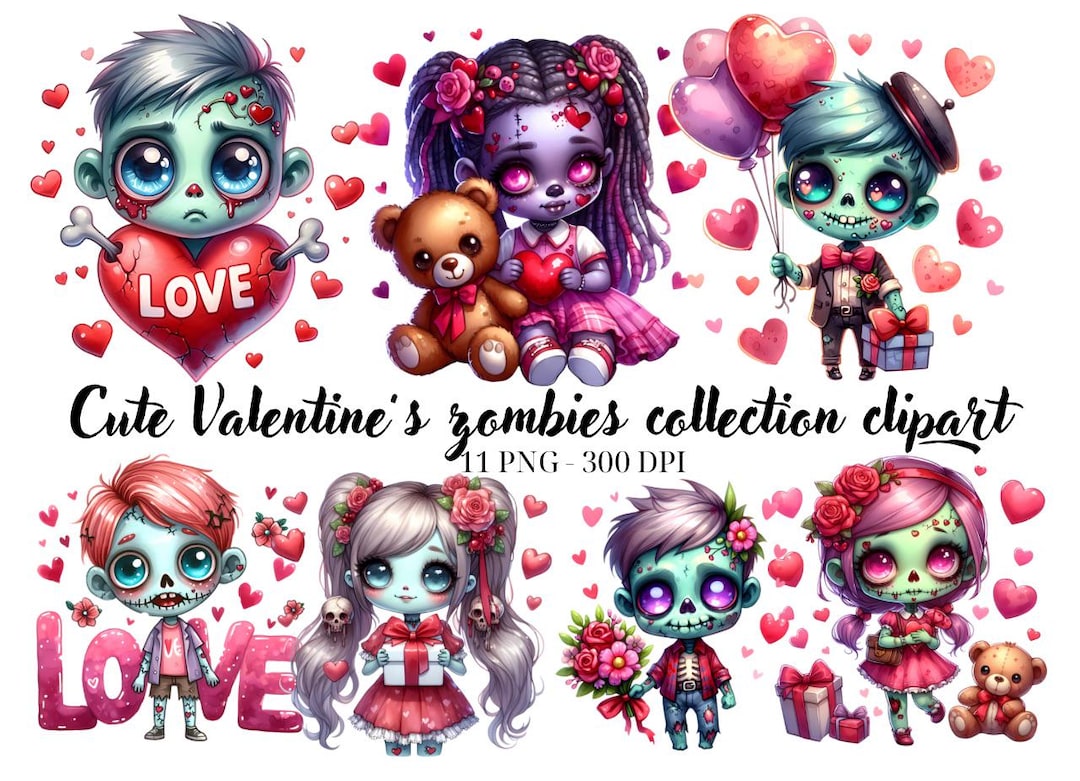 Watercolor Cute Valentines Zombies Collection Clipart, 11 PNG ...
