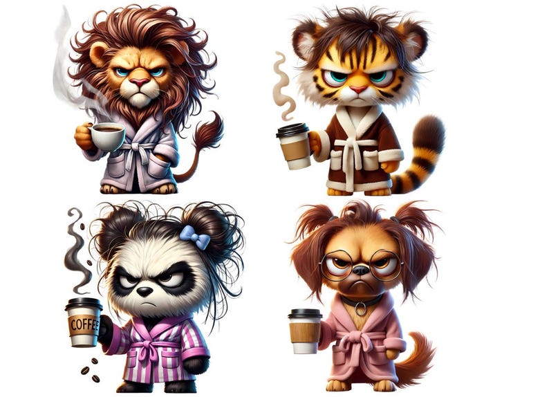 Grumpy Coffee Animals Clipart Set, Cartoon PNG Files (digital Download ...