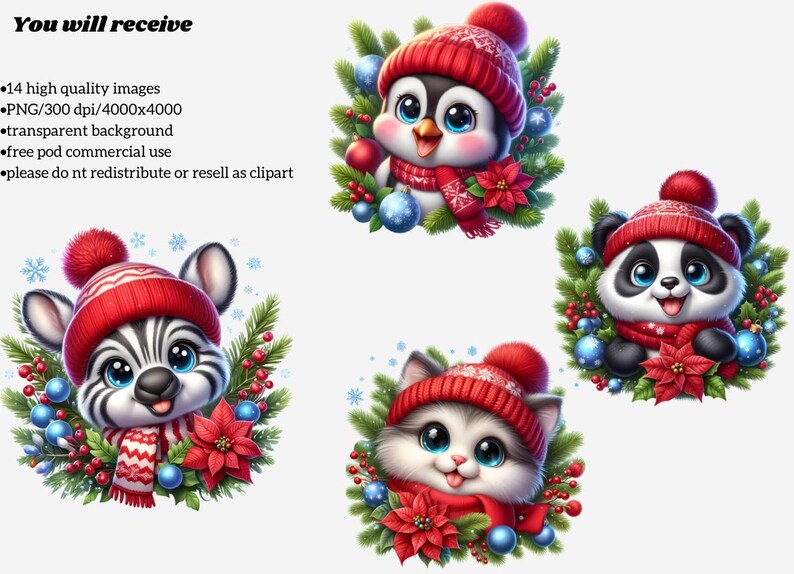 Christmas Animals Clipart | Holiday PNG Graphics (digital Download) - Etsy